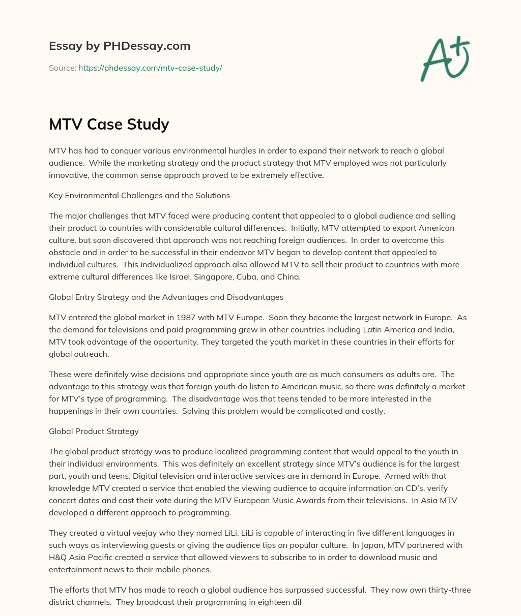 MTV Case Study (500 Words) - PHDessay.com