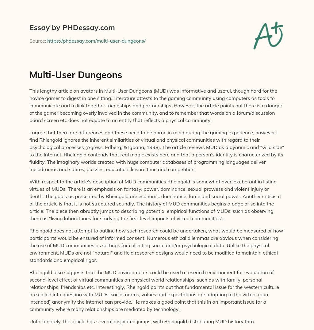 Multi-User Dungeons - PHDessay.com