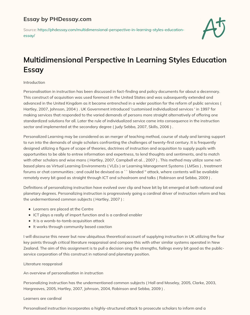 Multidimensional Perspective In Learning Styles Education Essay ...