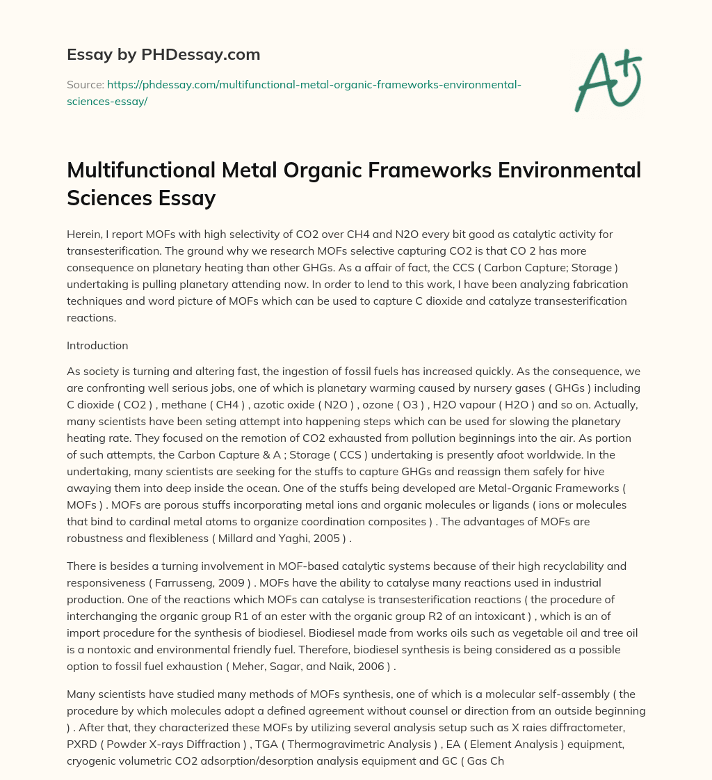 Multifunctional Metal Organic Frameworks Environmental Sciences Essay ...