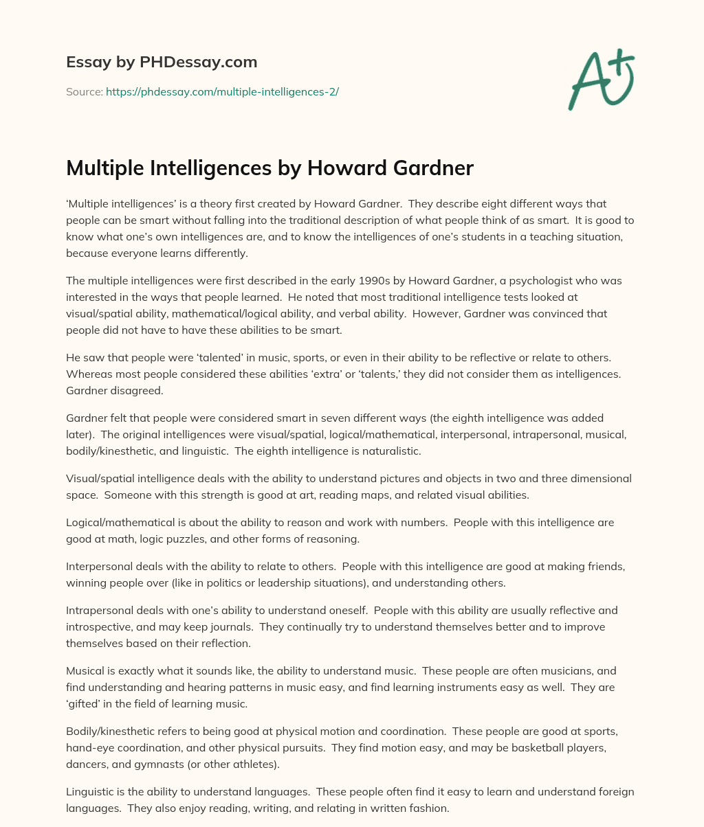 Multiple Intelligences by Howard Gardner - PHDessay.com