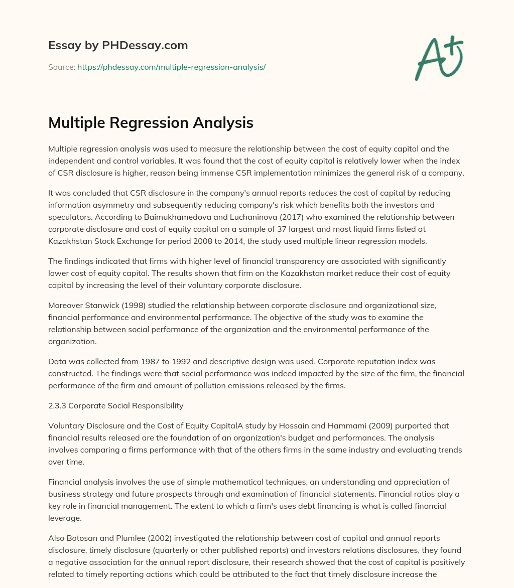 Multiple Regression Analysis - PHDessay.com