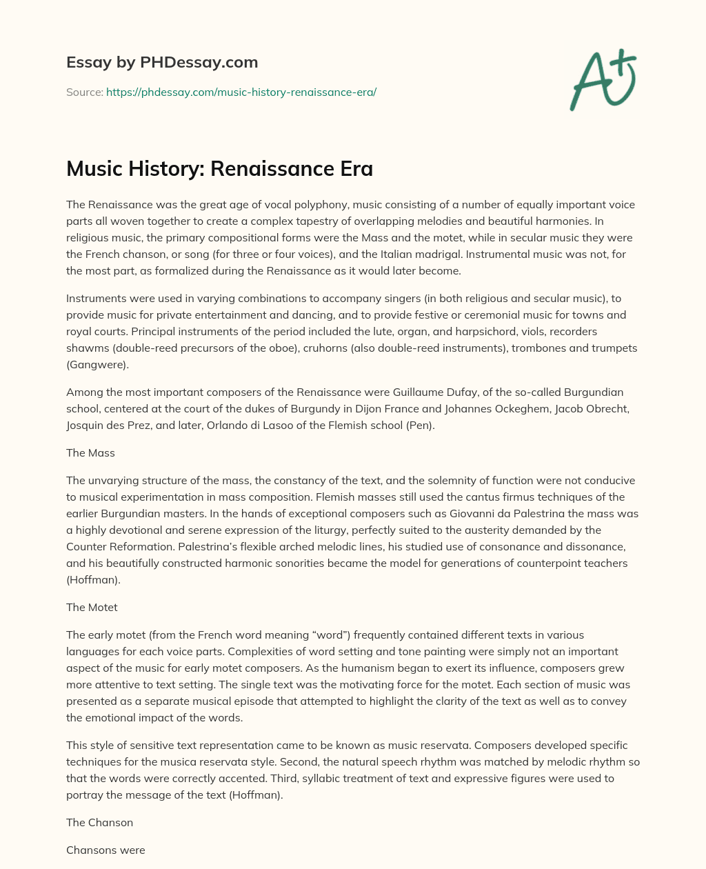Music History: Renaissance Era (600 Words) - PHDessay.com