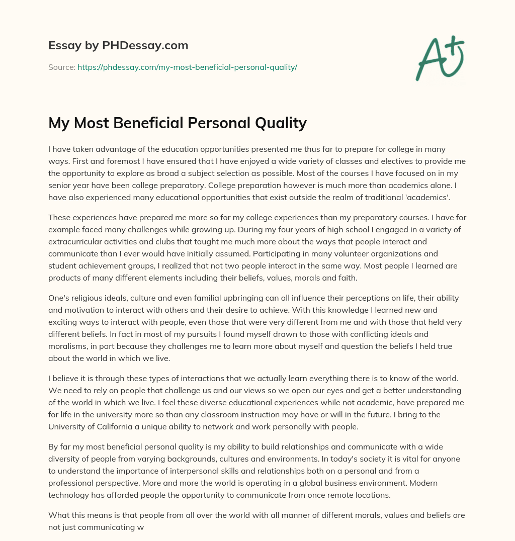 My Most Beneficial Personal Quality - PHDessay.com