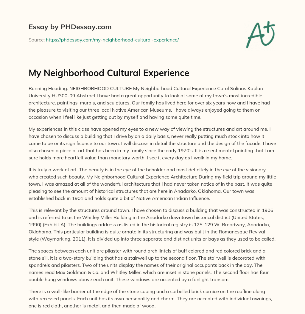 My Neighborhood Cultural Experience - PHDessay.com