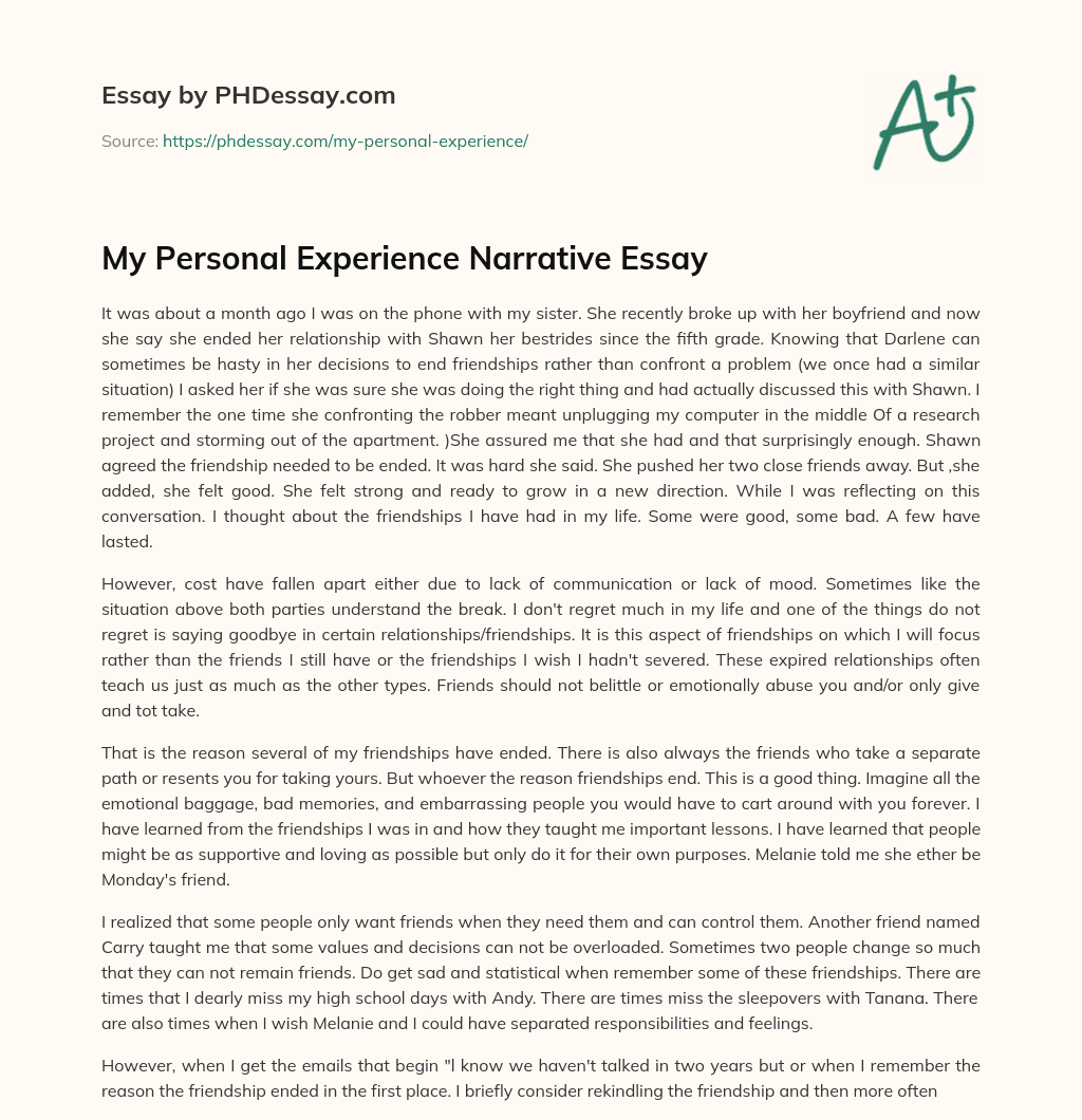 My Personal Experience Narrative Essay (600 Words) - PHDessay.com