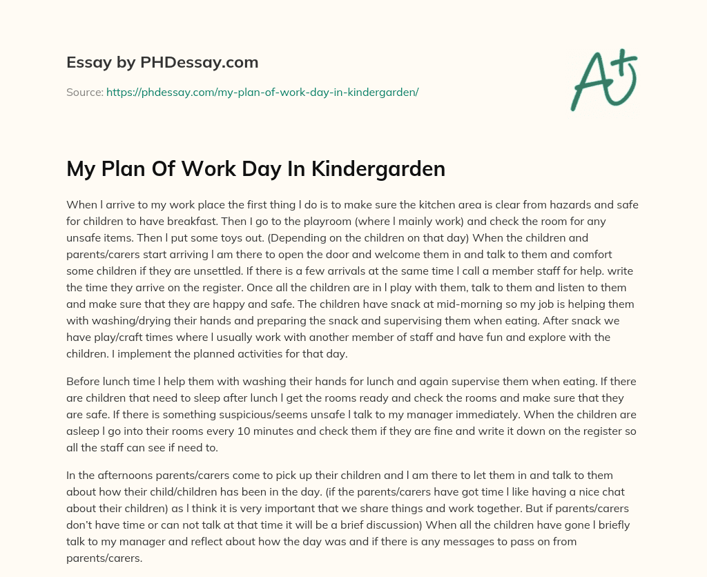 My Plan Of Work Day In Kindergarden (400 Words) - PHDessay.com