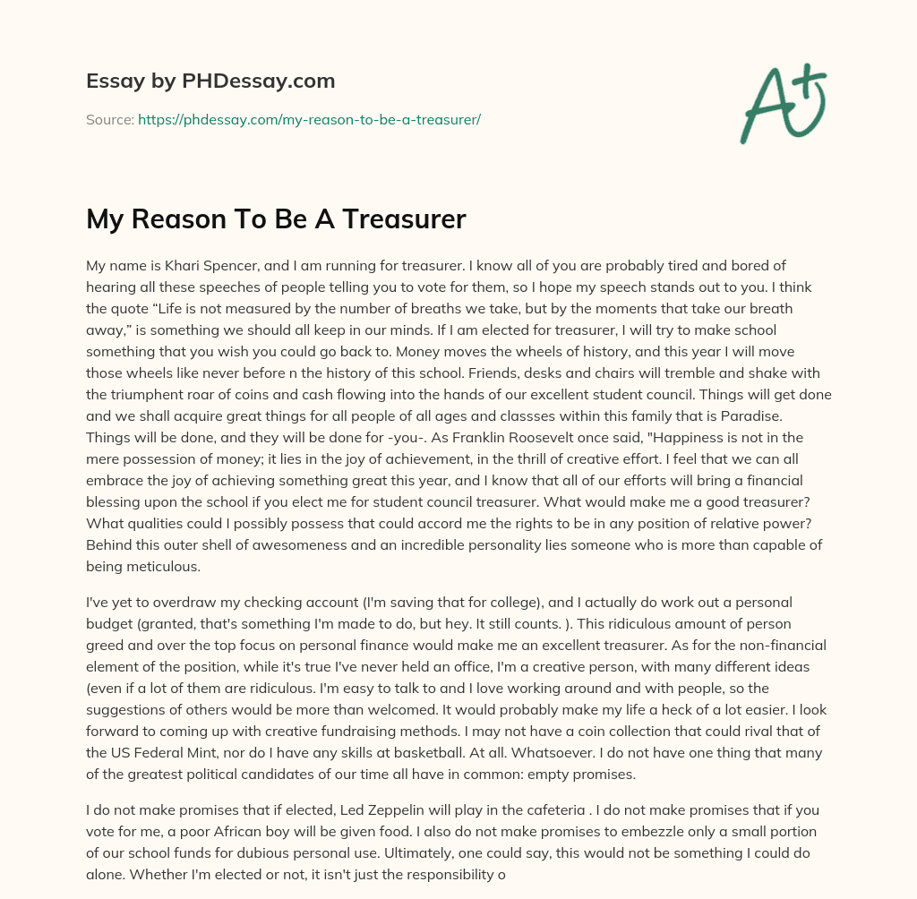 My Reason To Be A Treasurer - PHDessay.com