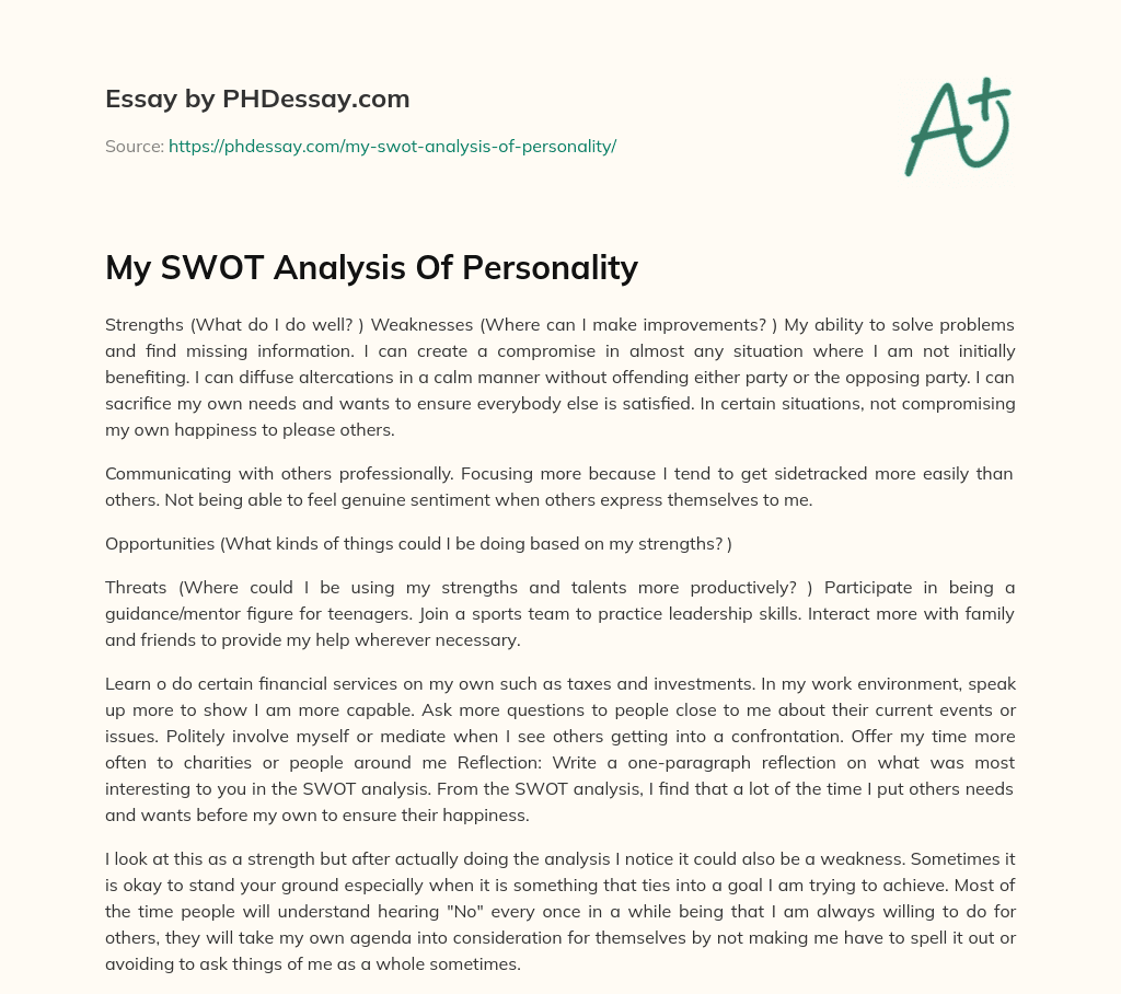 My Swot Analysis Of Personality Essay Example (400 Words) - PHDessay.com