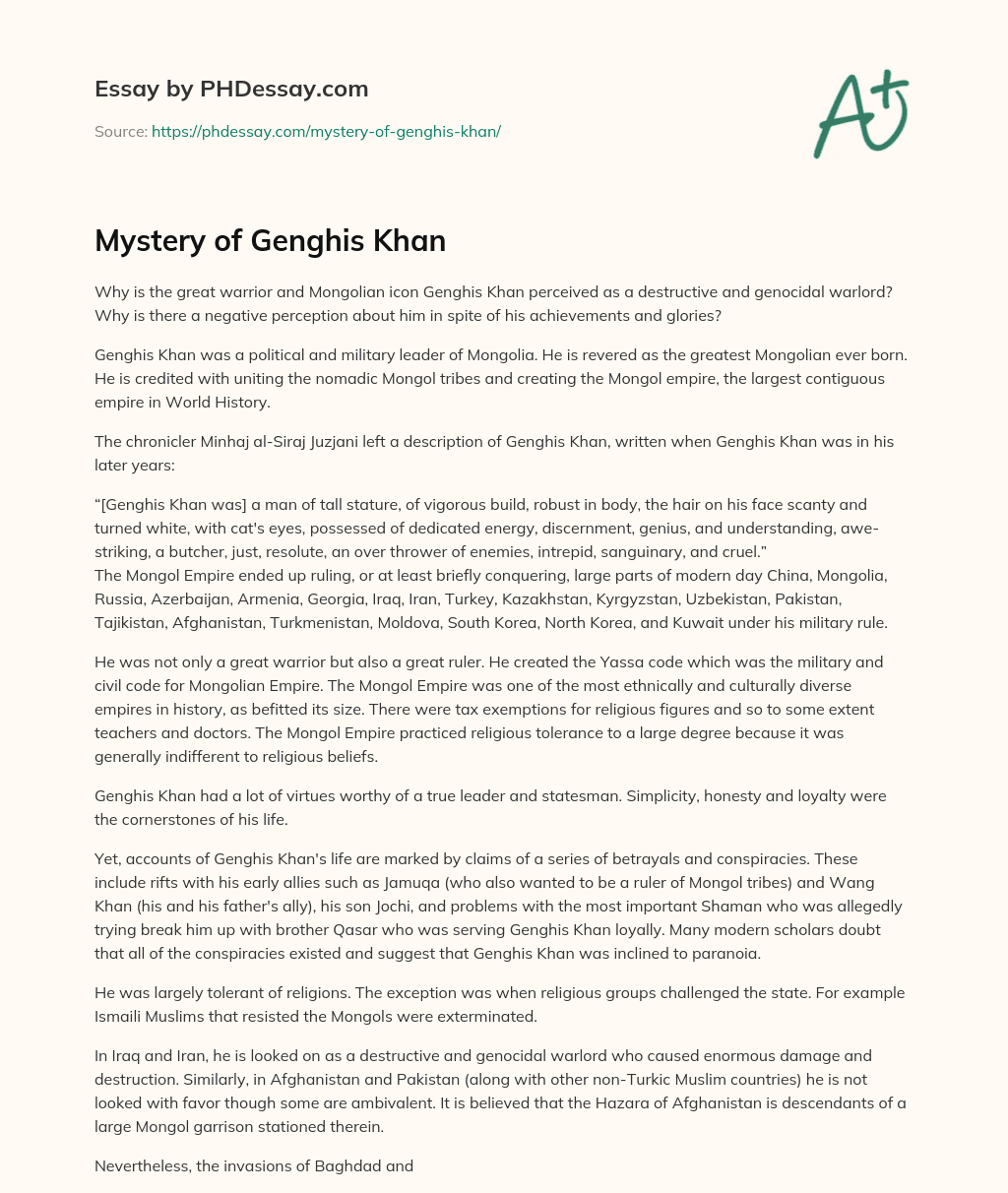 Mystery of Genghis Khan - PHDessay.com