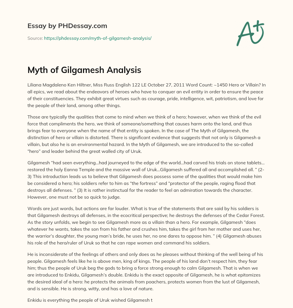 Myth of Gilgamesh Analysis - PHDessay.com