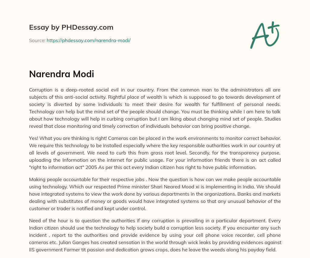 Narendra Modi (400 Words) - PHDessay.com