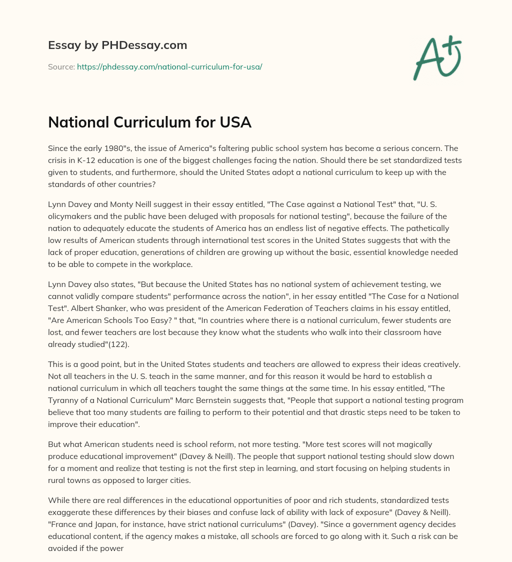 National Curriculum for USA - PHDessay.com