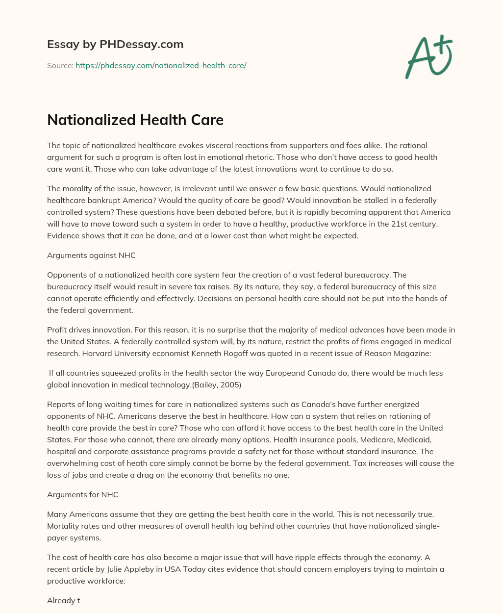 Nationalized Health Care - PHDessay.com