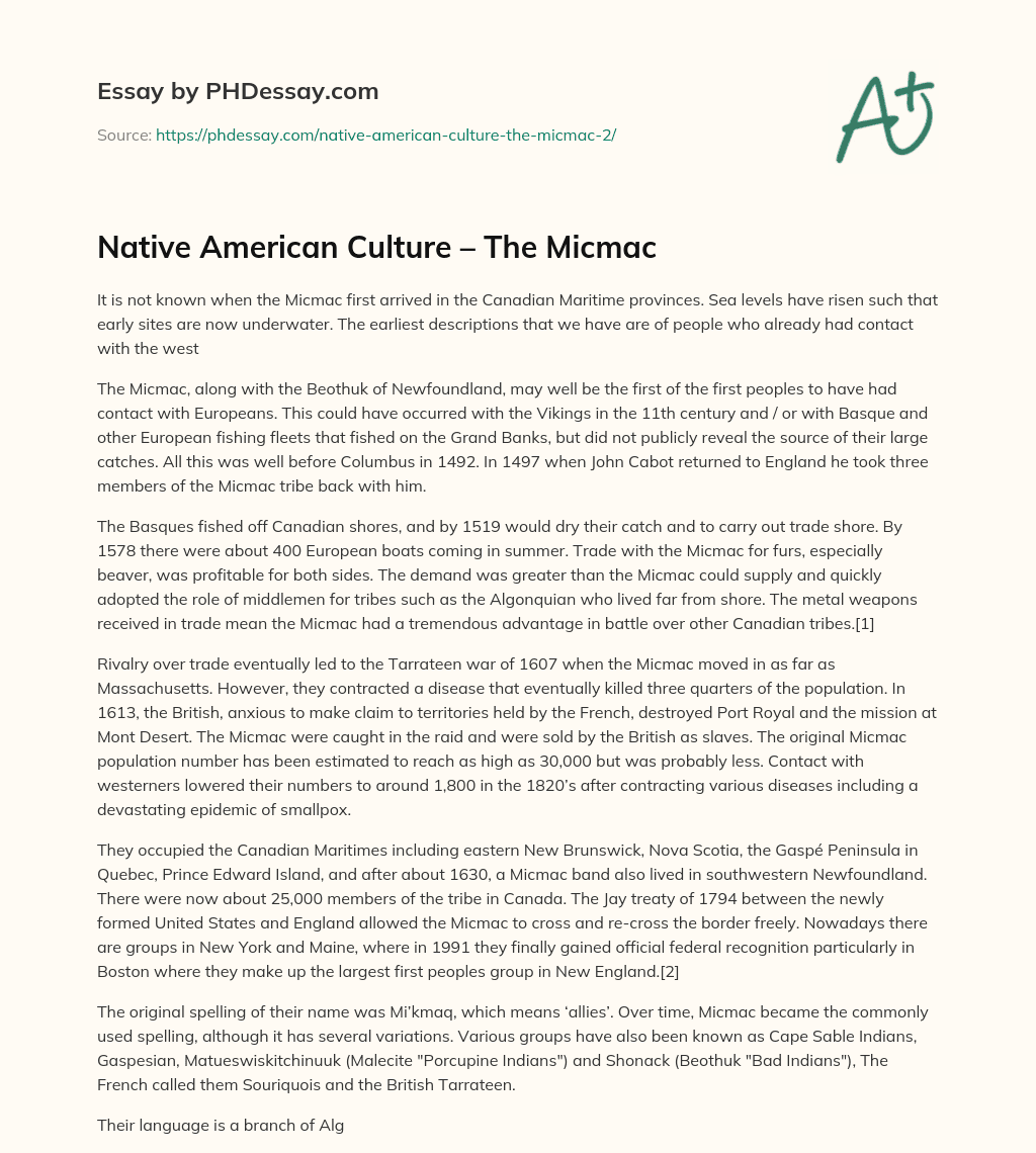 Native American Culture – The Micmac - PHDessay.com