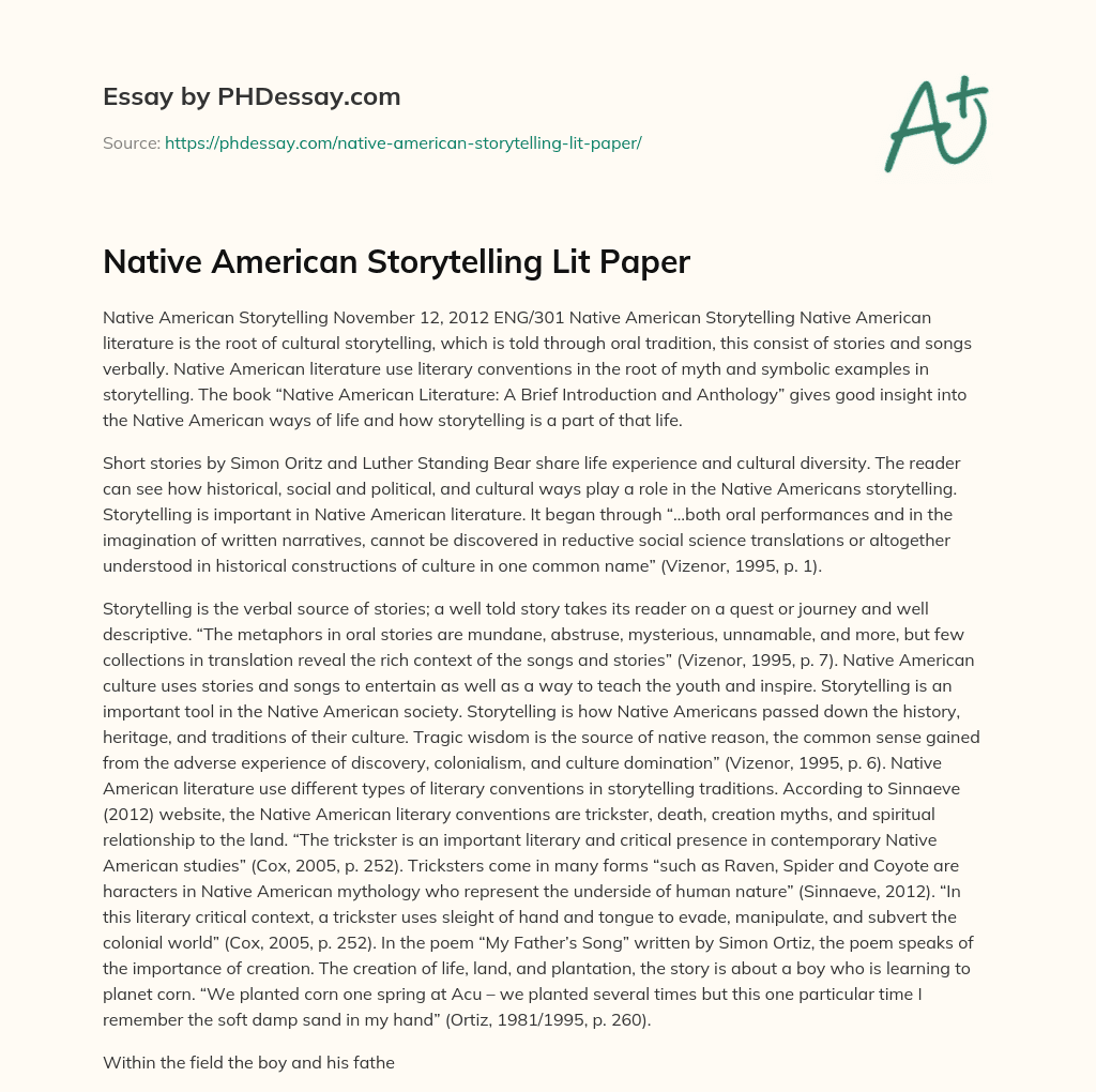 Native American Storytelling Lit Paper - PHDessay.com