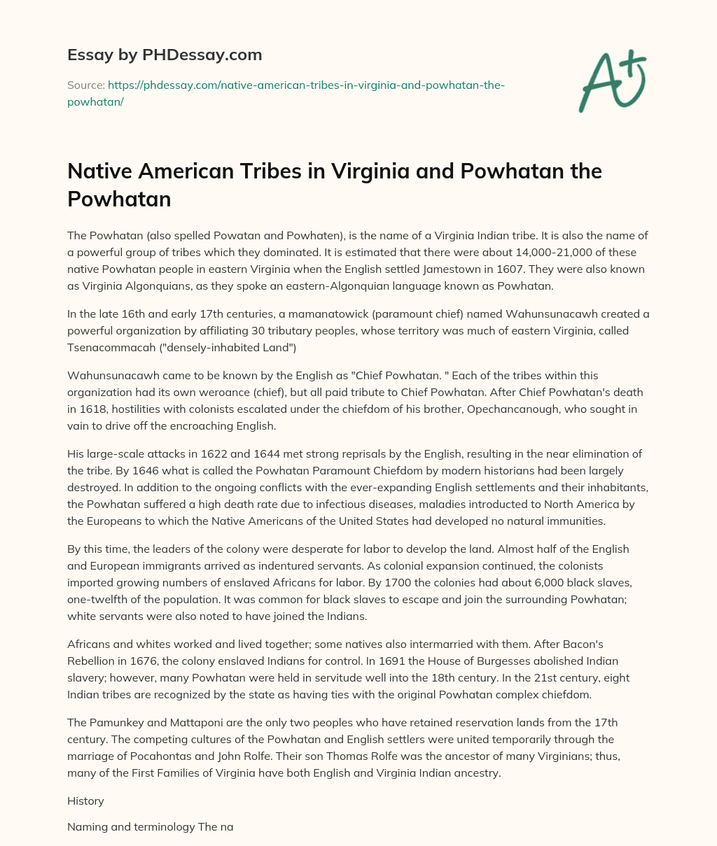 Native American Tribes in Virginia and Powhatan the Powhatan - PHDessay.com
