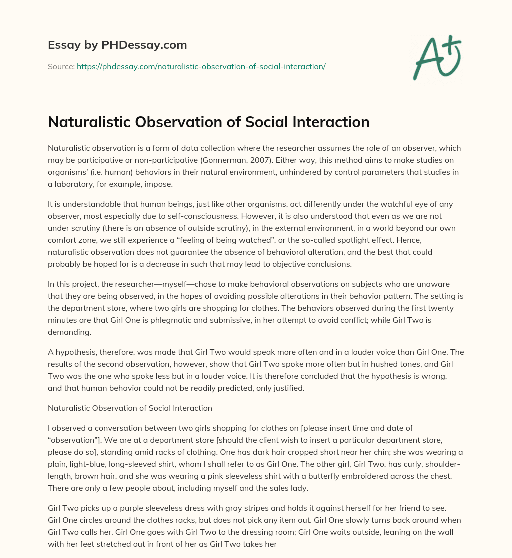 Naturalistic Observation of Social Interaction - PHDessay.com