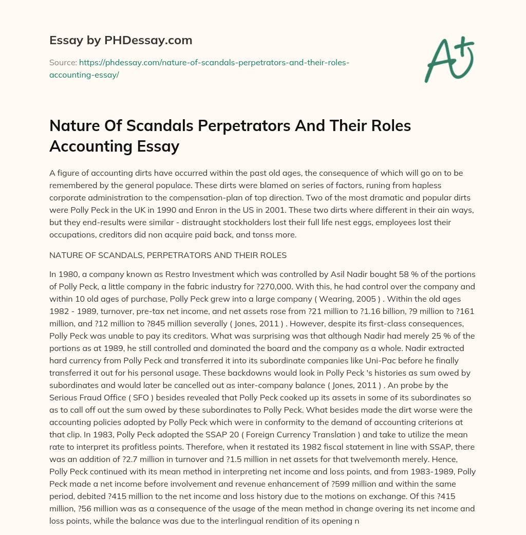 Nature Of Scandals Perpetrators And Their Roles Accounting Essay - PHDessay.com