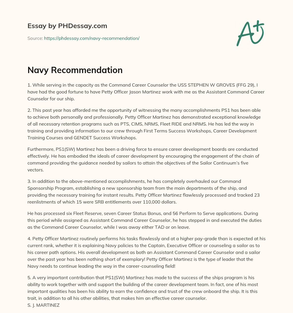 Navy Recommendation (400 Words) - PHDessay.com