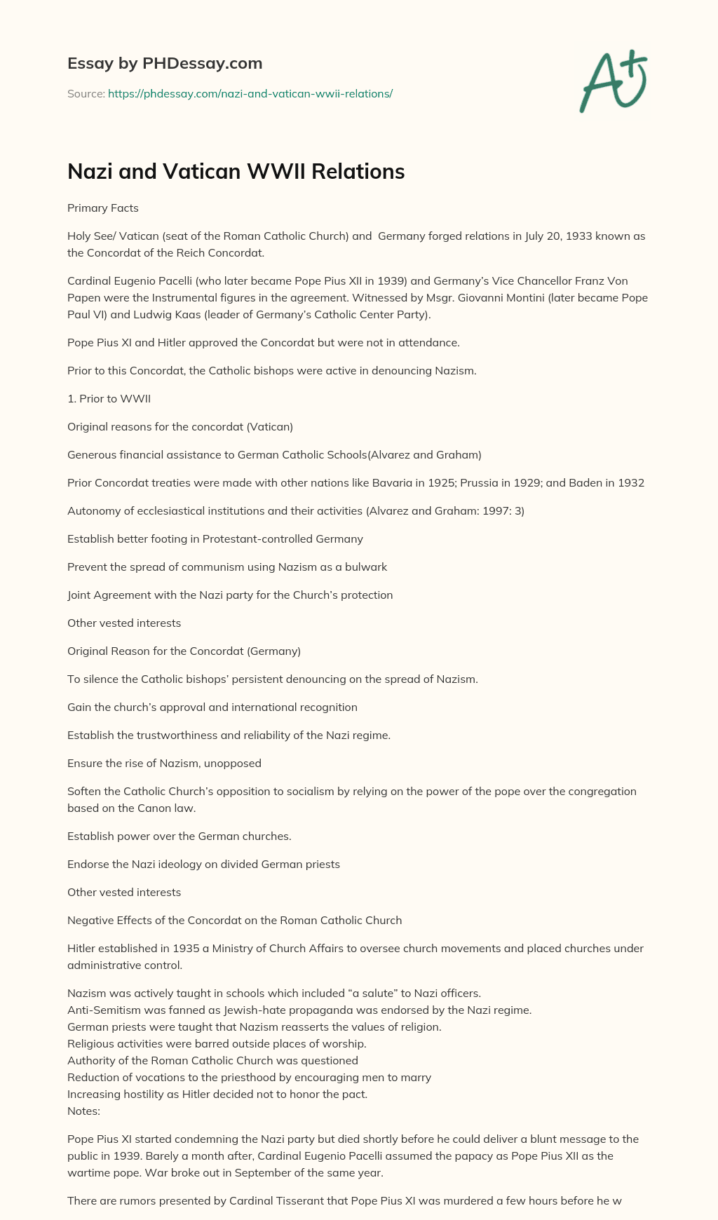 Nazi and Vatican WWII Relations (600 Words) - PHDessay.com