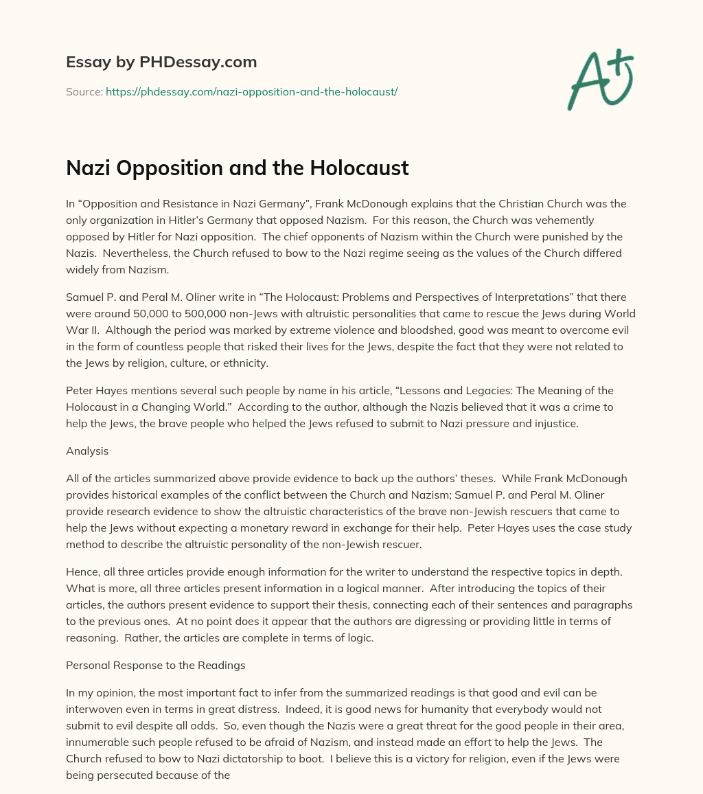 Nazi Opposition and the Holocaust (500 Words) - PHDessay.com