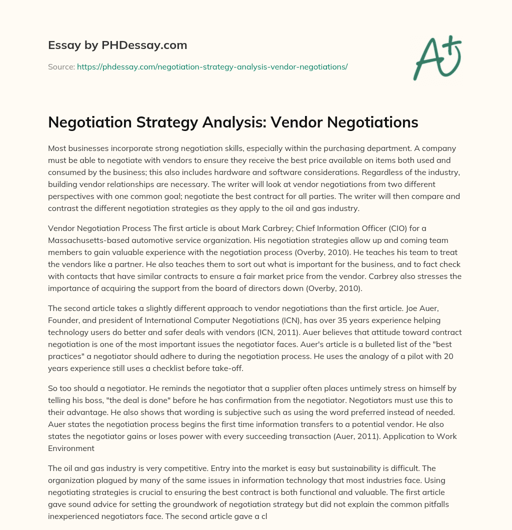 Negotiation Strategy Analysis: Vendor Negotiations (600 Words ...