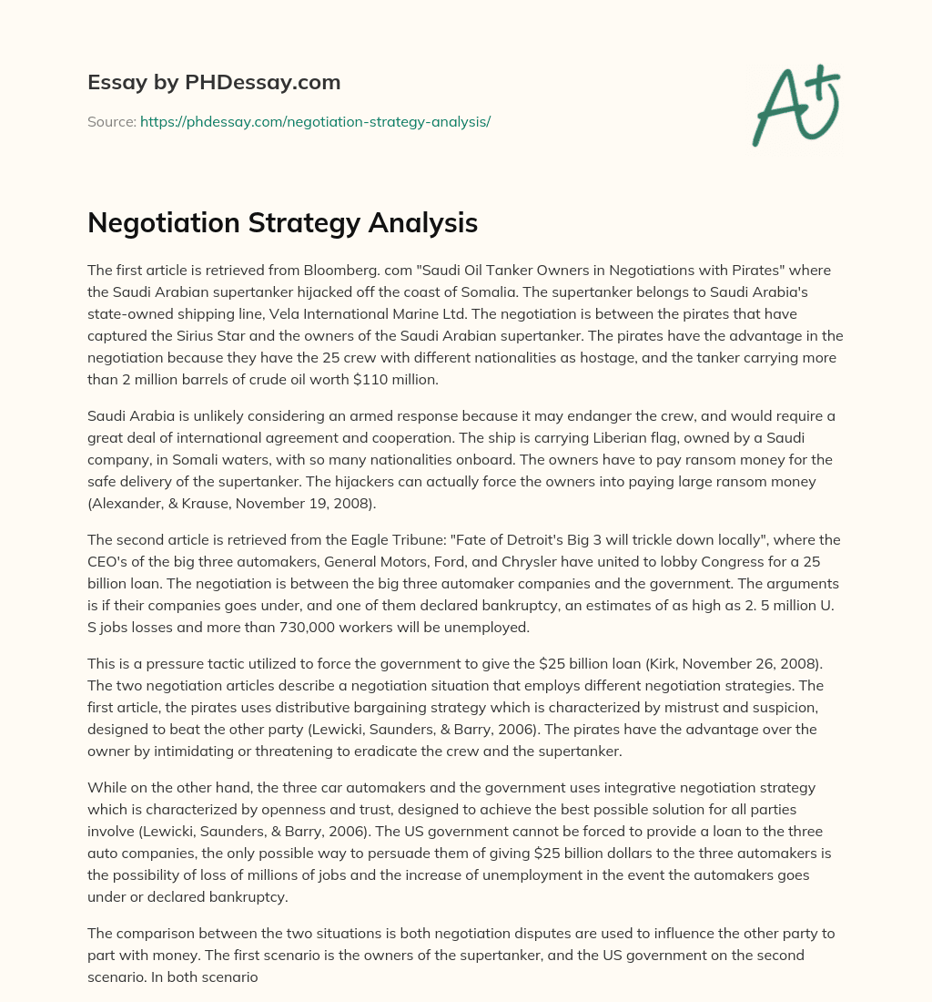 Negotiation Strategy Analysis (500 Words) - PHDessay.com