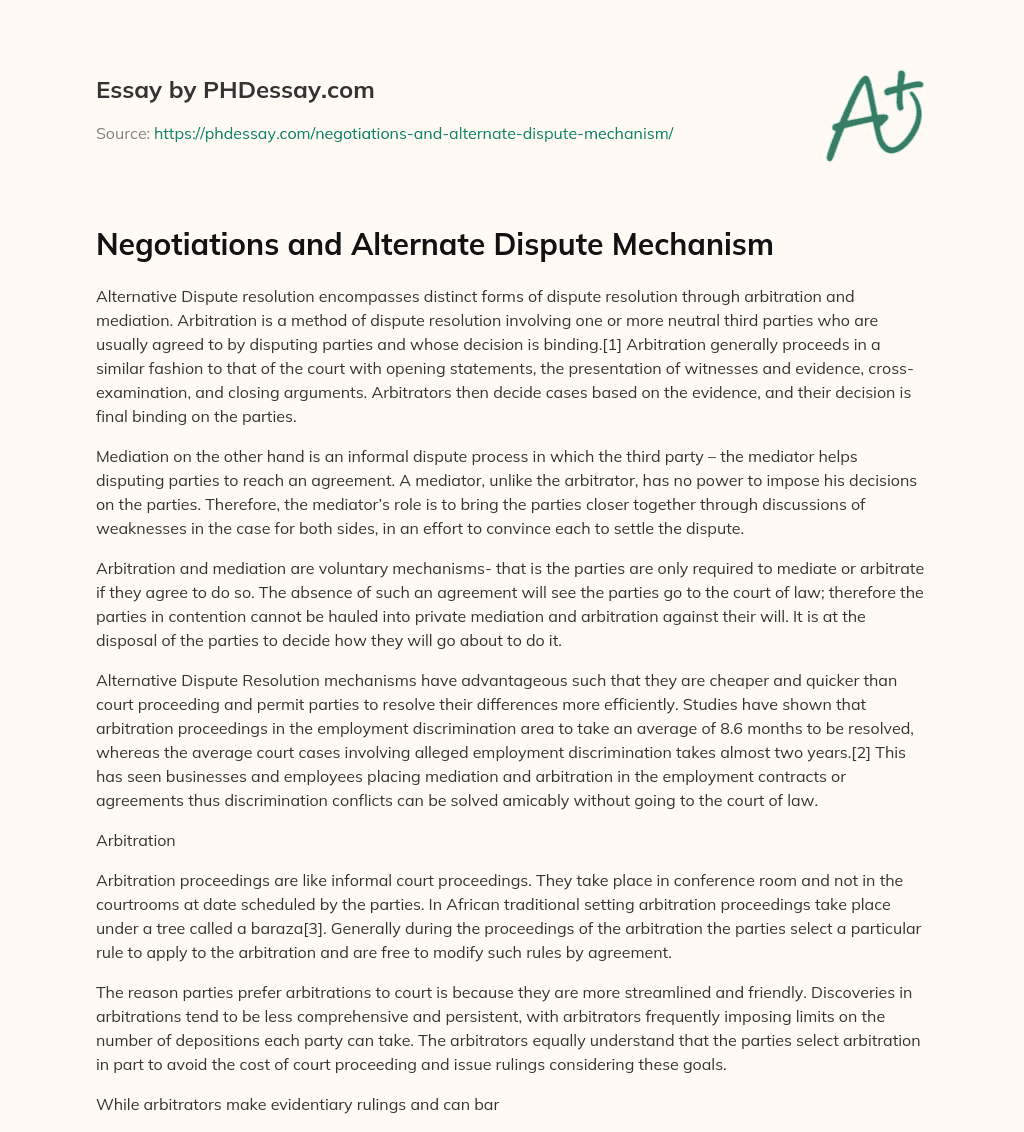 Negotiations and Alternate Dispute Mechanism - PHDessay.com