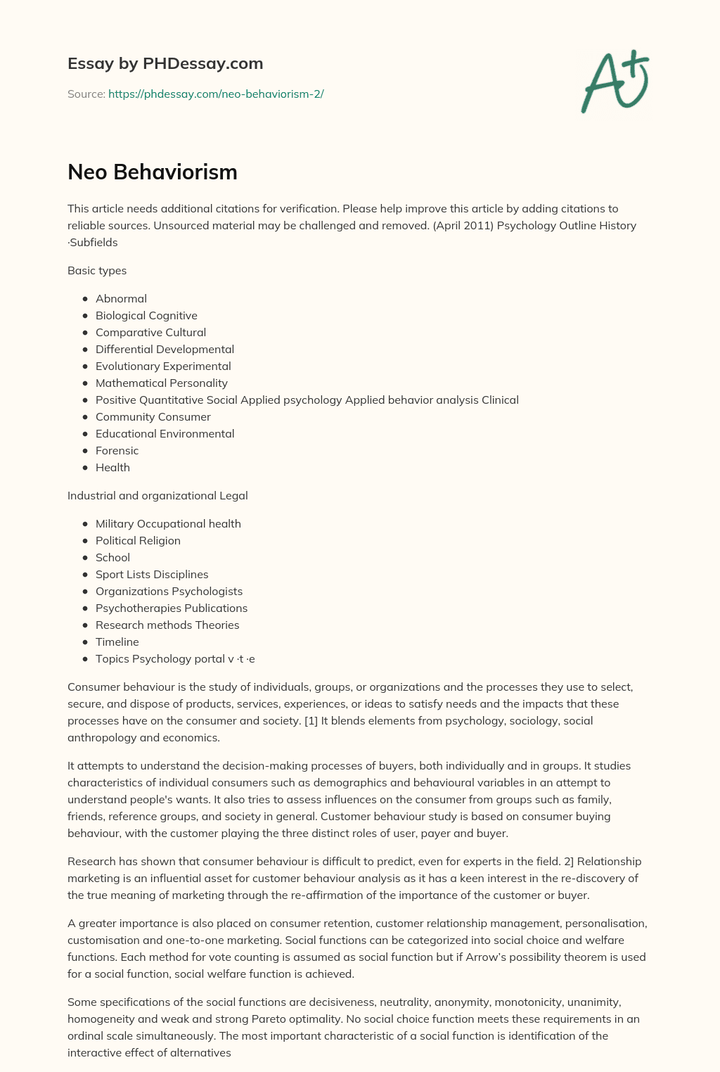 Neo Behaviorism - PHDessay.com