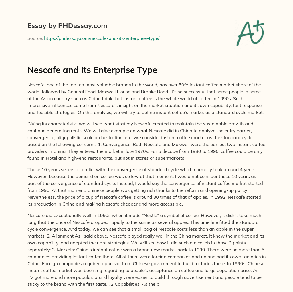 Nescafe And Its Enterprise Type Research Paper Example - PHDessay.com