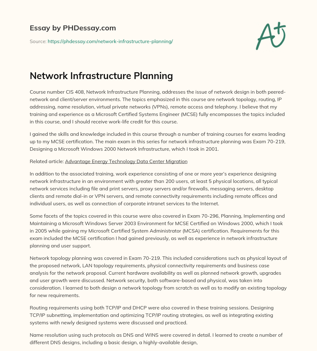 Network Infrastructure Planning - PHDessay.com