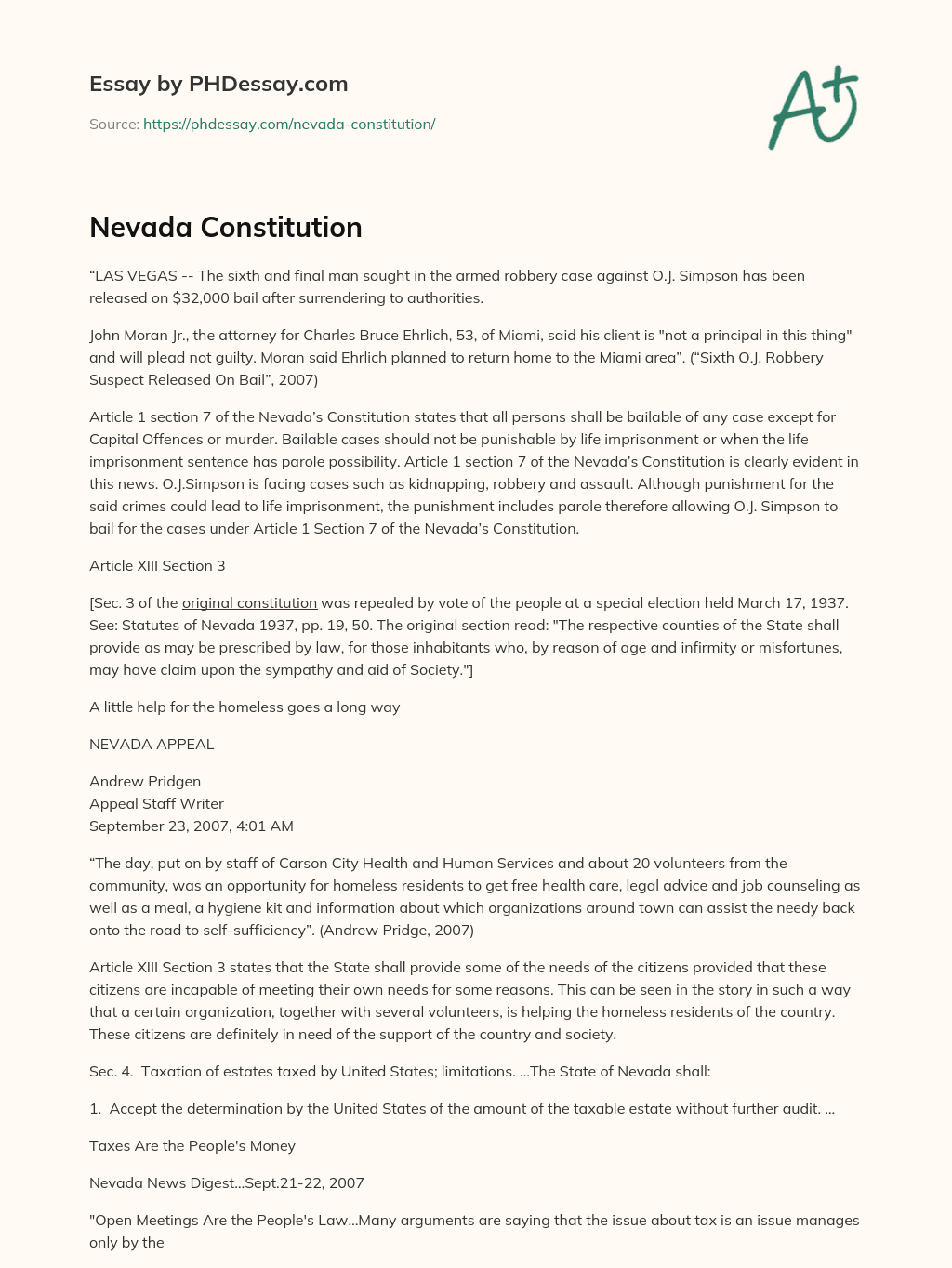 Nevada Constitution - PHDessay.com