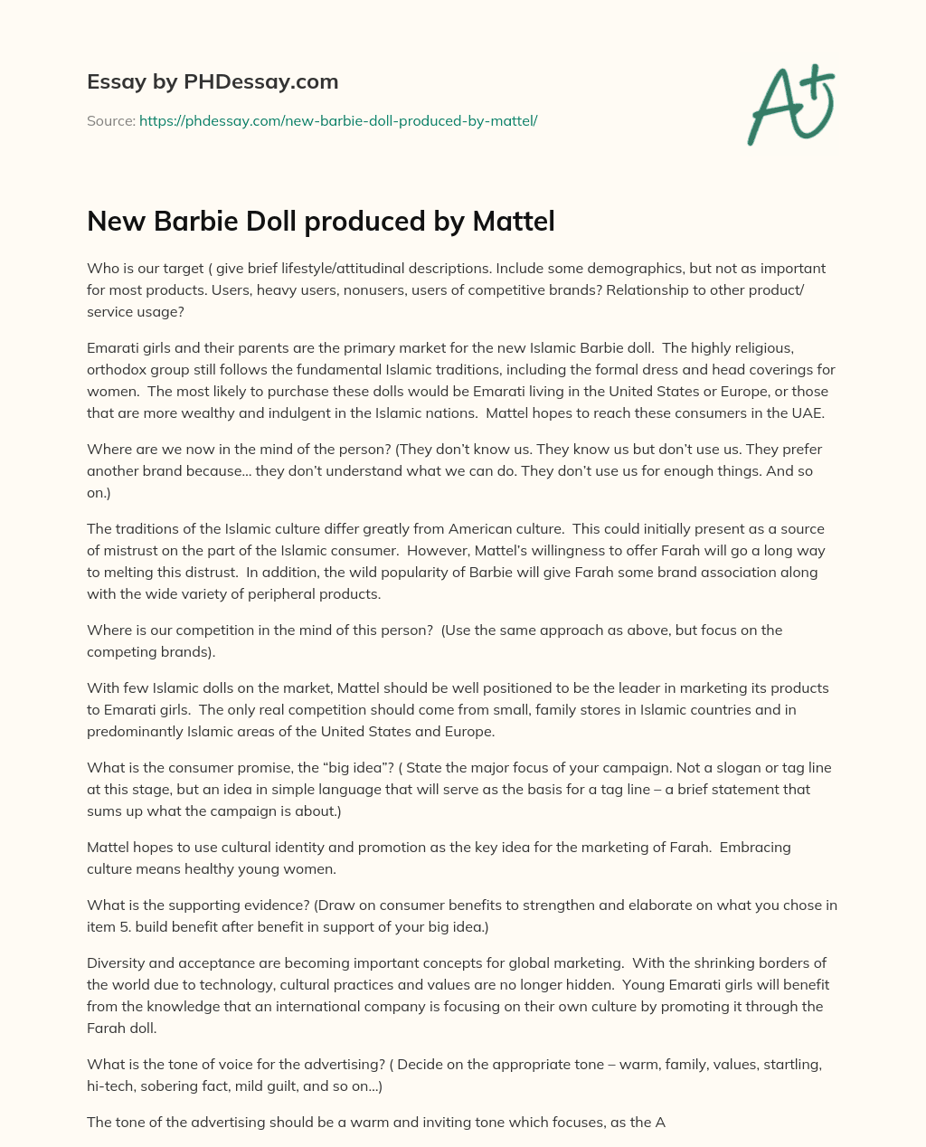 New Barbie Doll produced by Mattel (500 Words) - PHDessay.com