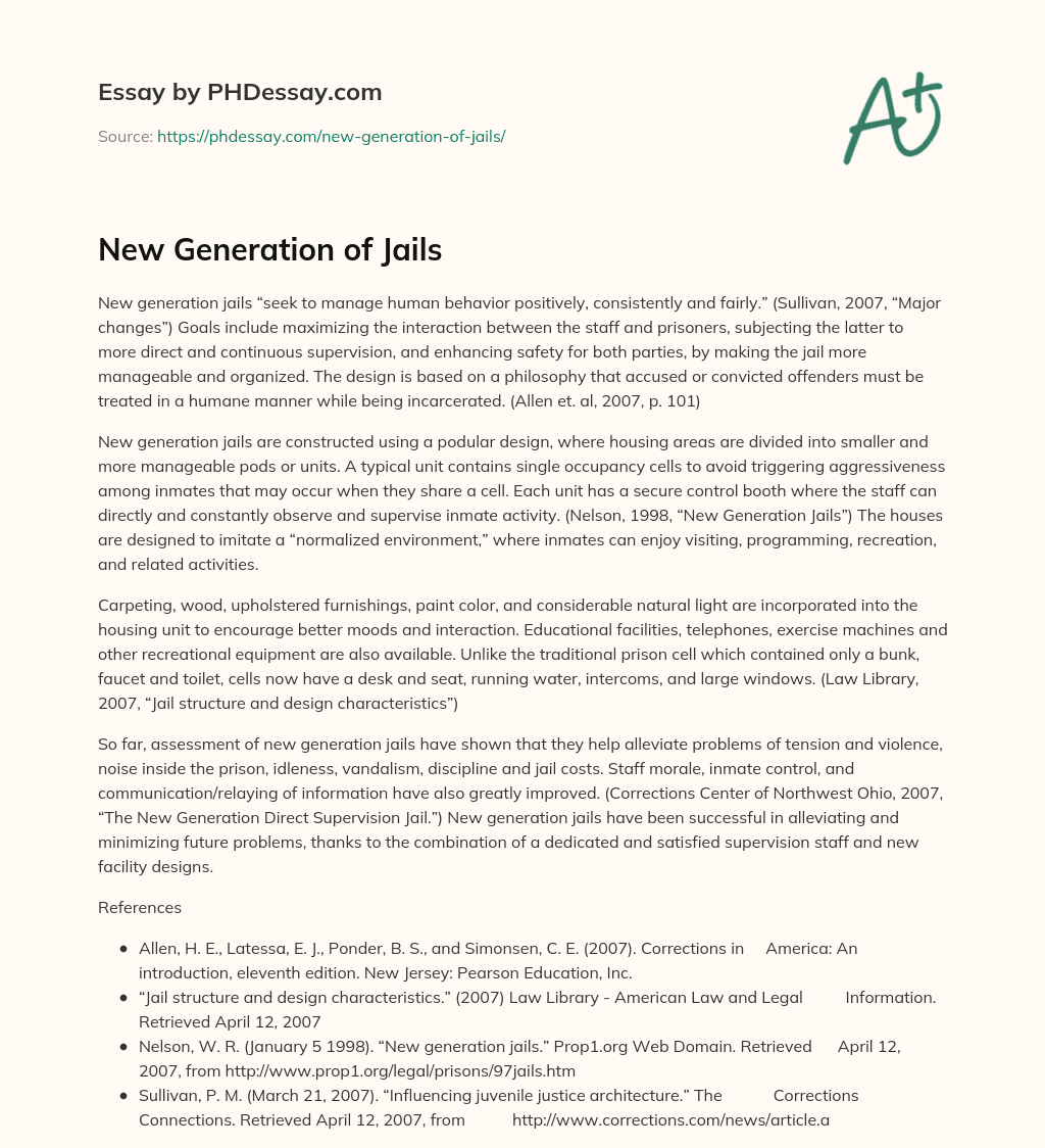 New Generation Of Jails Definition Example (400 Words) - PHDessay.com