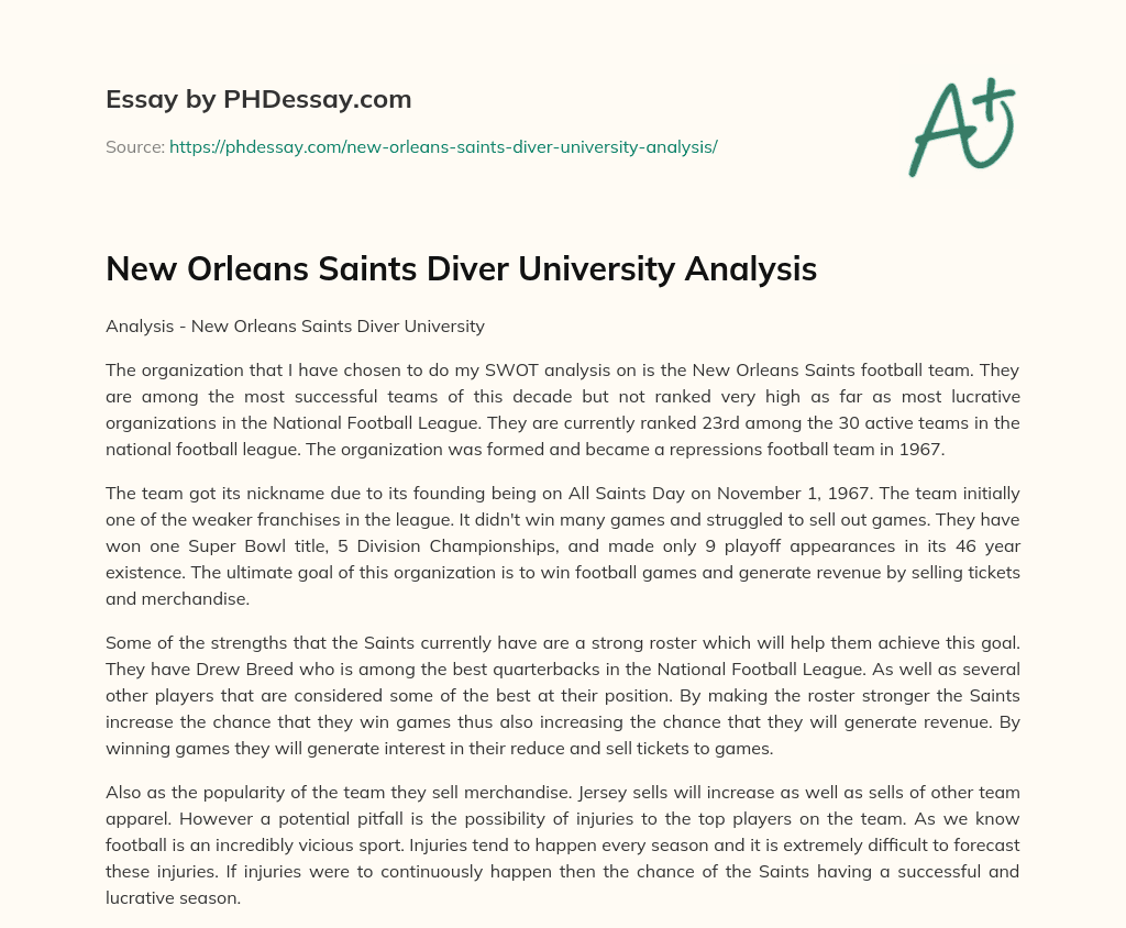 New Orleans Saints Diver University Analysis (300 Words) - PHDessay.com