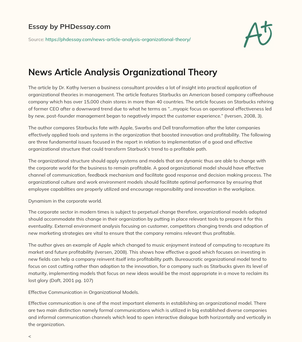 News Article Analysis Organizational Theory - PHDessay.com