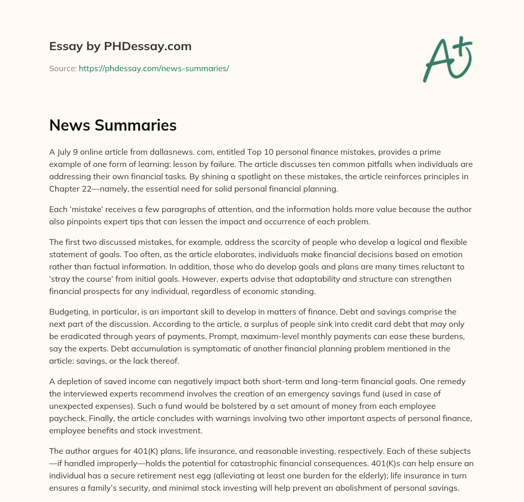 News Summaries (400 Words) - PHDessay.com
