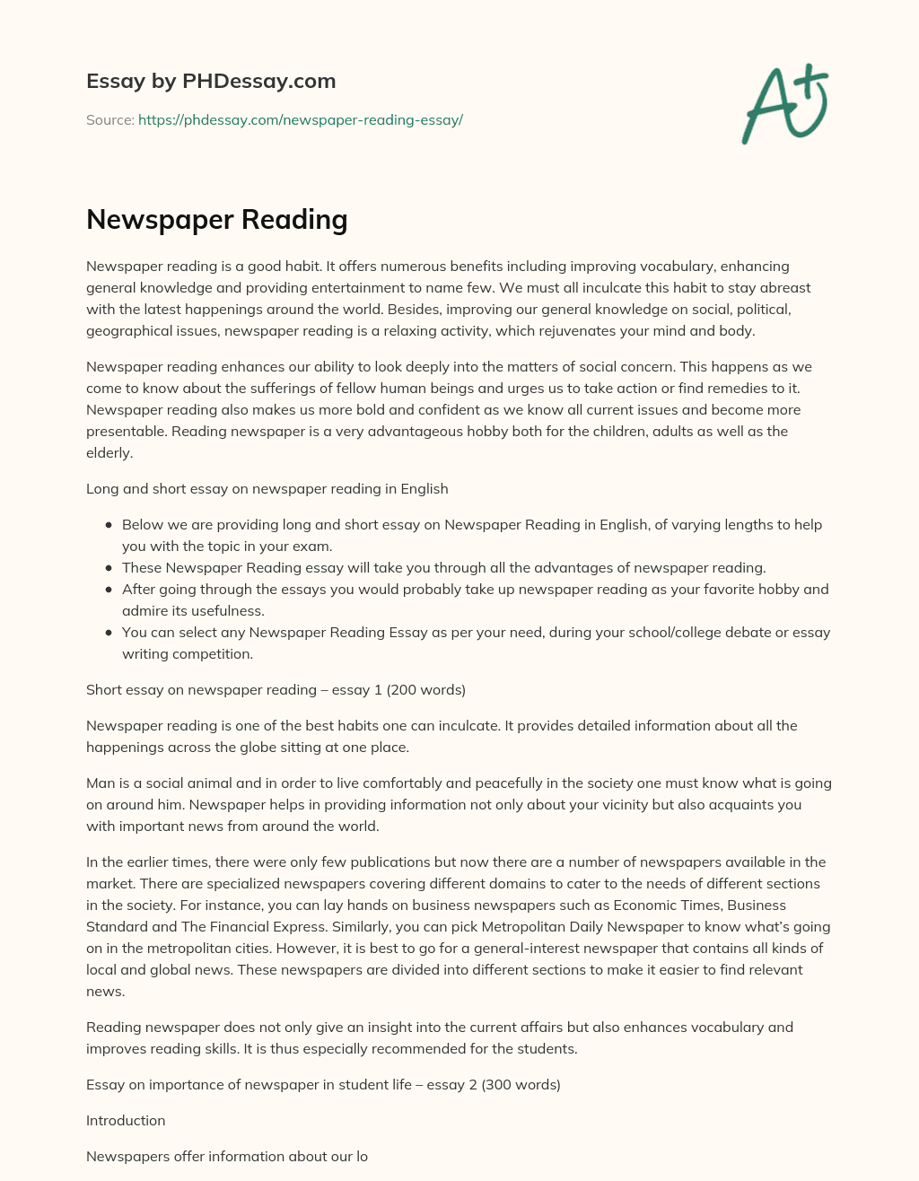 Newspaper Reading - PHDessay.com