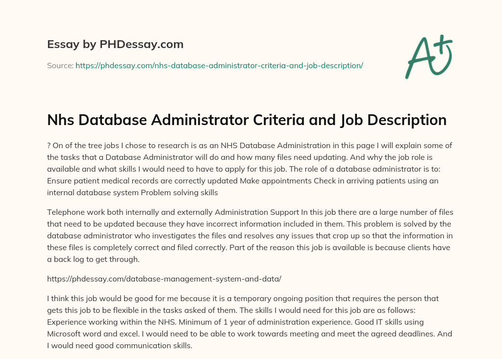 Nhs Database Administrator Criteria and Job Description (300 Words ...