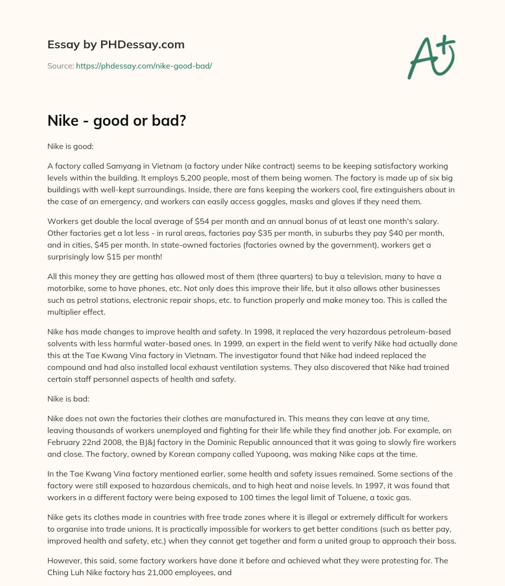 Nike - good or bad? (600 Words) - PHDessay.com