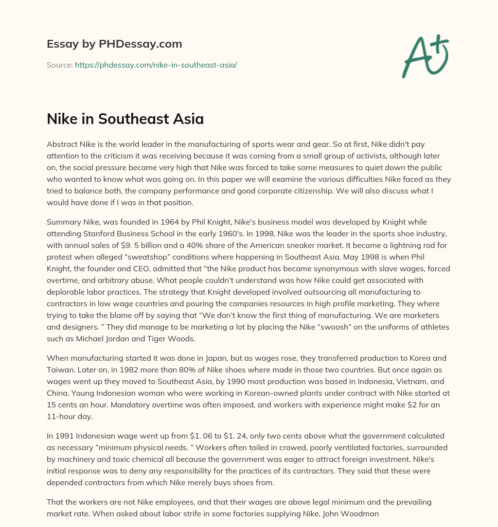 Nike in Southeast Asia - PHDessay.com