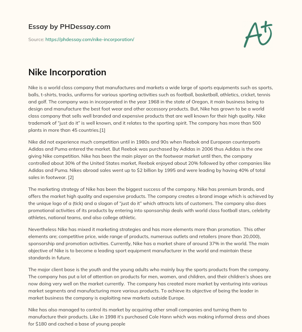 Nike Incorporation - PHDessay.com