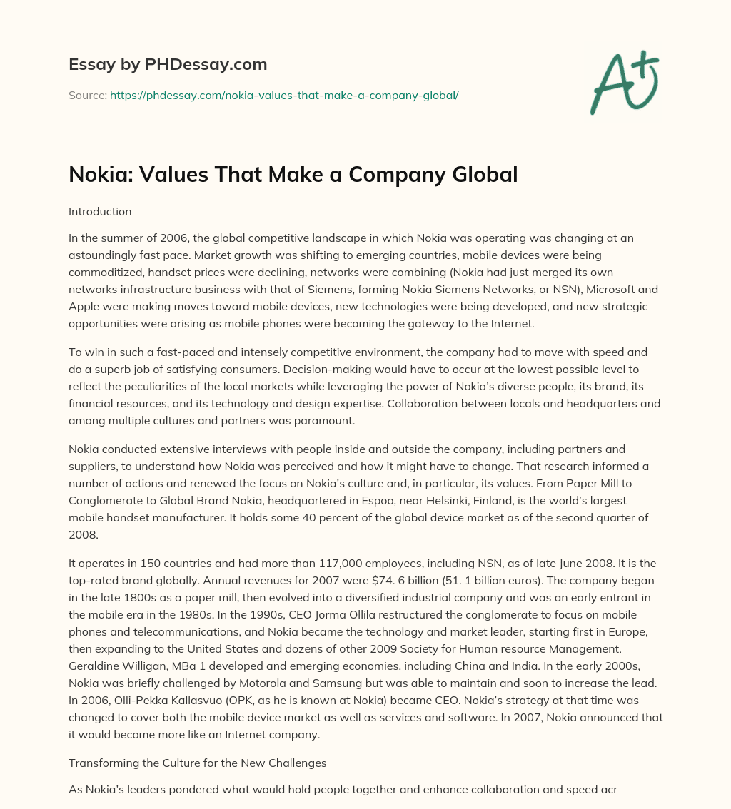 Nokia: Values That Make a Company Global - PHDessay.com