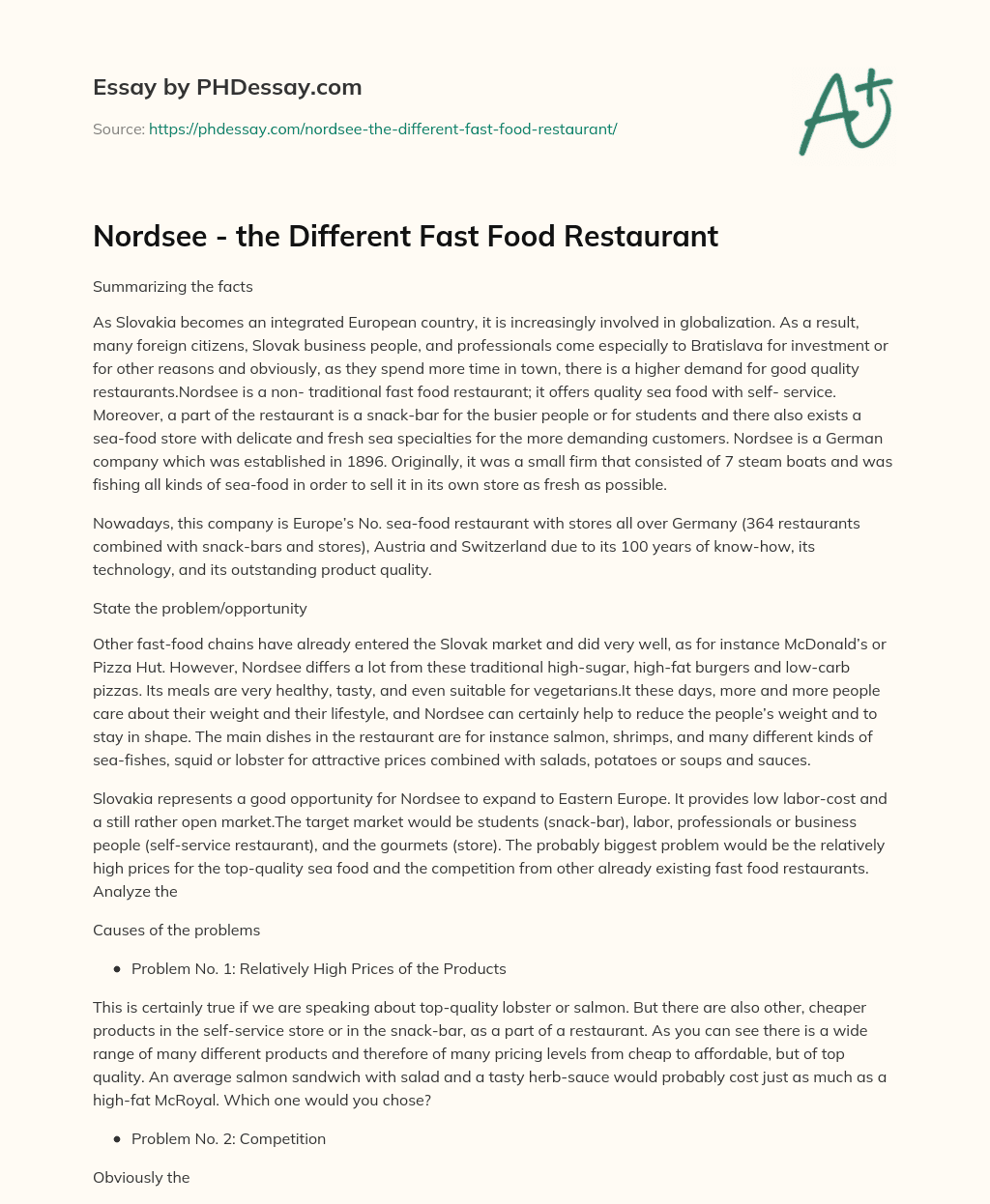 Nordsee - the Different Fast Food Restaurant - PHDessay.com