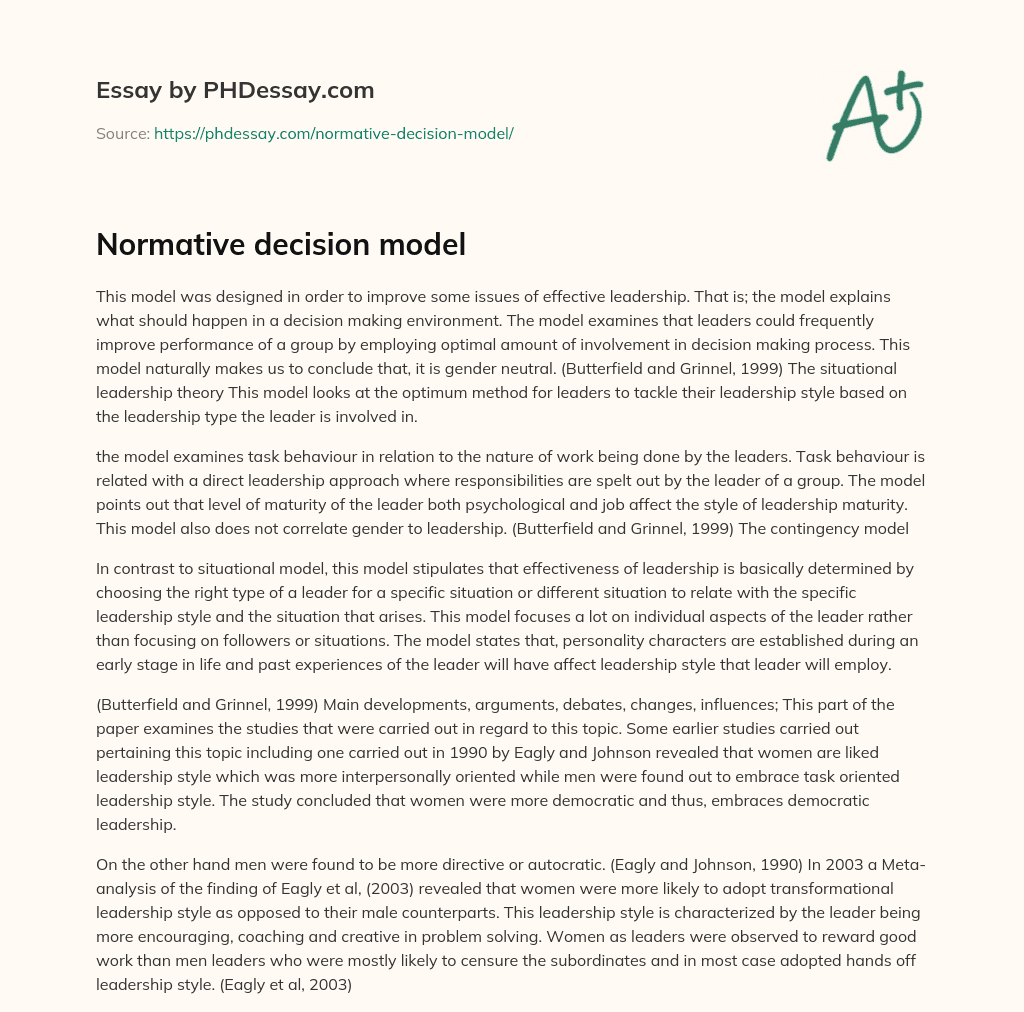Normative Decision Model Example (400 Words) - PHDessay.com