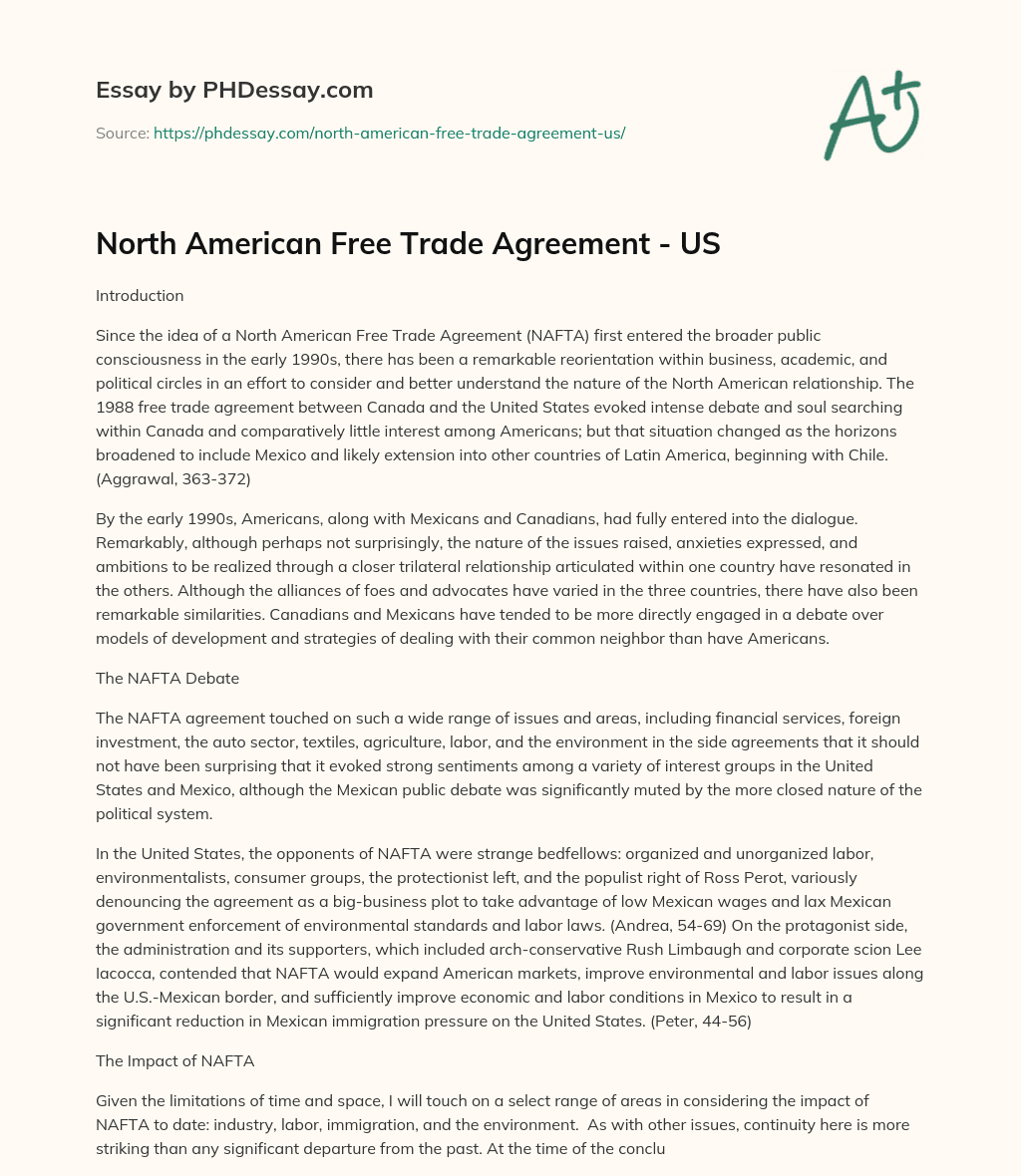 North American Free Trade Agreement - US - PHDessay.com