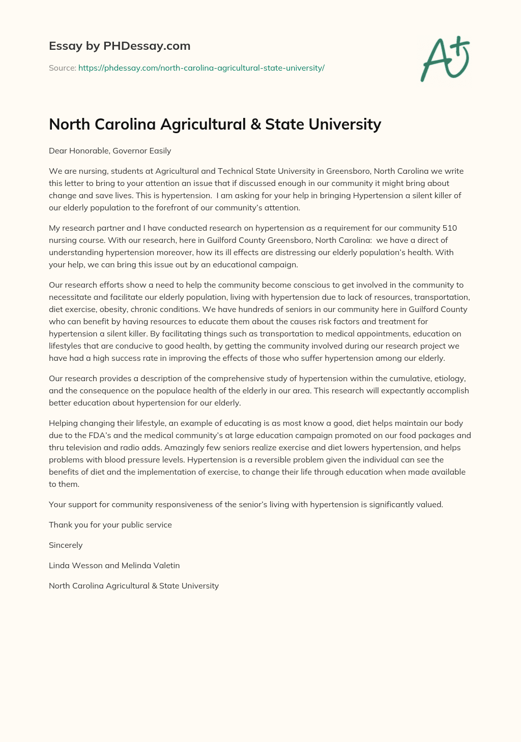North Carolina Agricultural & State University (400 Words) - PHDessay.com