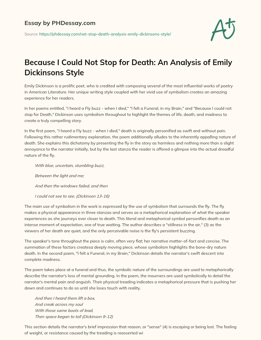 Because I Could Not Stop For Death: An Analysis Of Emily Dickinsons ...