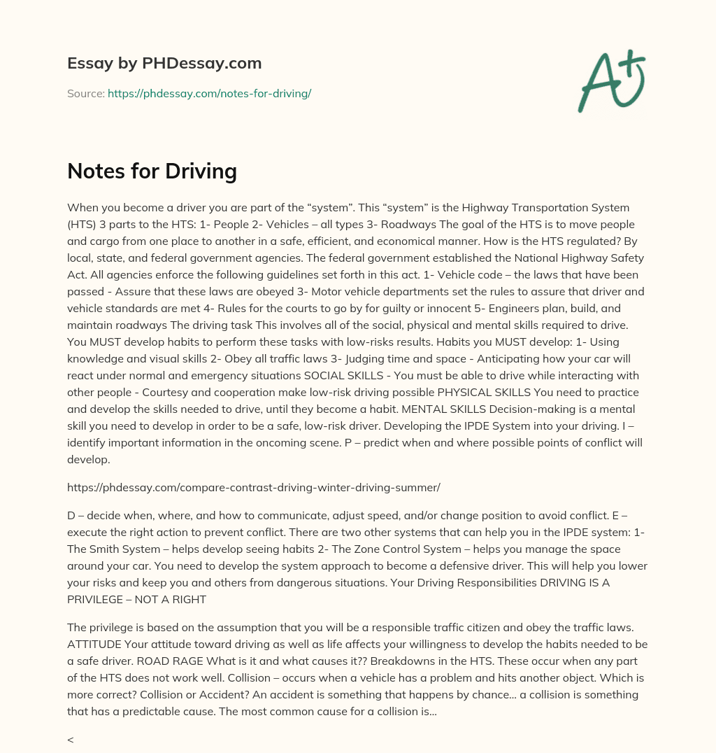 Notes for Driving - PHDessay.com